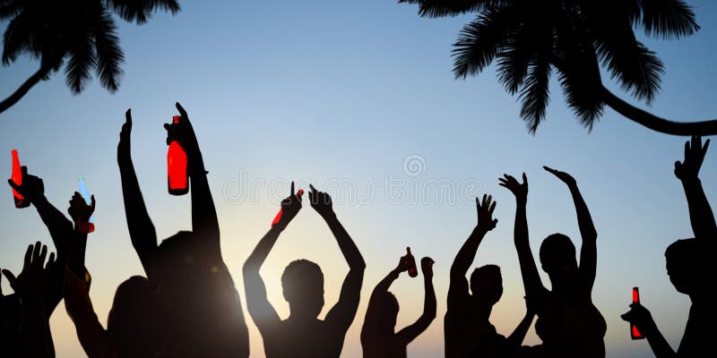 Silhouettes of Young People Celebrating, Drinking on a Beach Stock ...