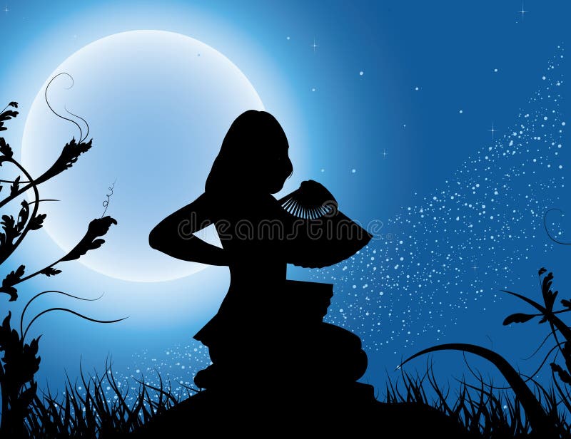 Silhueta Da Menina Com Um Ventilador Em Uma Lua Cheia Ilustração do ...