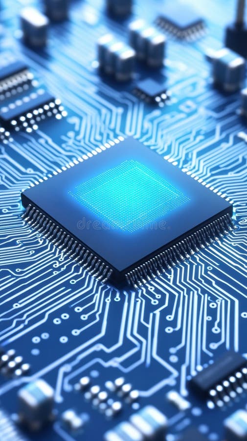 Silicon Microchip on a Blue Circuit Board, Highlighting Intricate ...