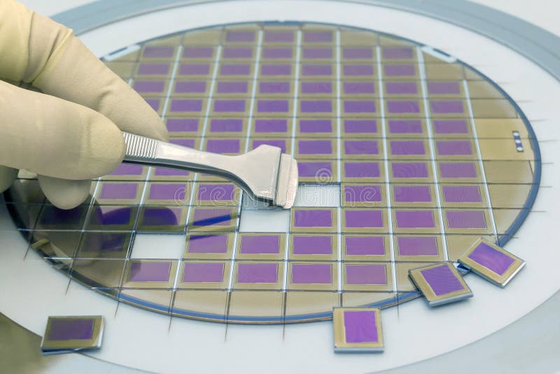 Silicon Wafer With Microchips Fixed In A Holder With A Steel Frame ... Silicon Wafer With Microchips Fixed In A Holder With A Steel Frame ...
