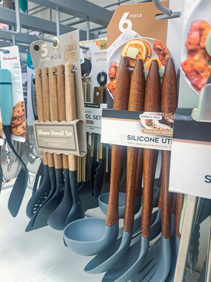 Silicone Kitchenware with Wooden Handles on the Supermarket Counter ...