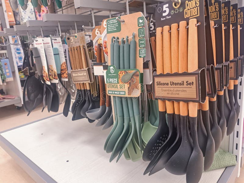 Silicone Kitchenware with Wooden Handles on the Supermarket Counter ...