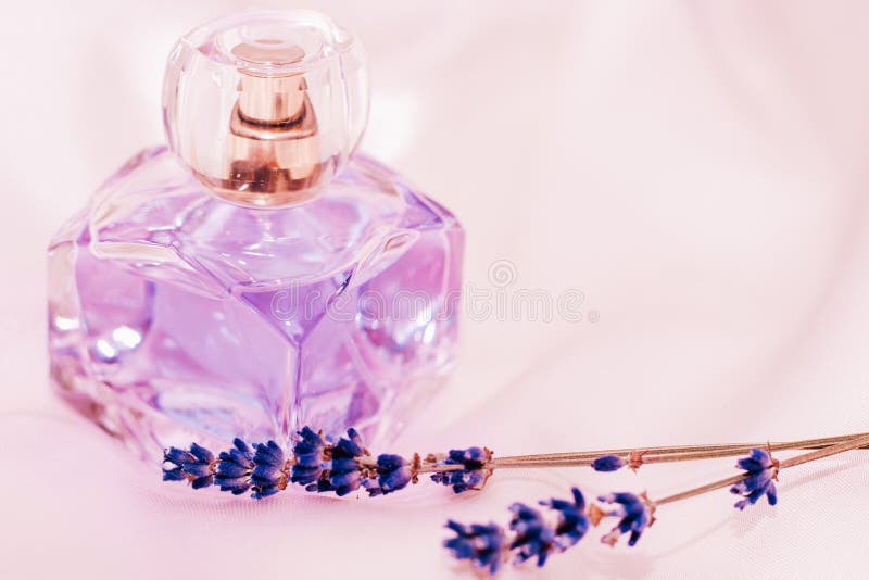 Silk Fabric Texture with Lavender Sprigs and Perfume on Pink Background ...