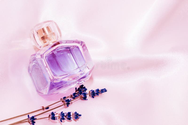 Silk Fabric Texture with Lavender Sprigs and Perfume on Pink Background ...
