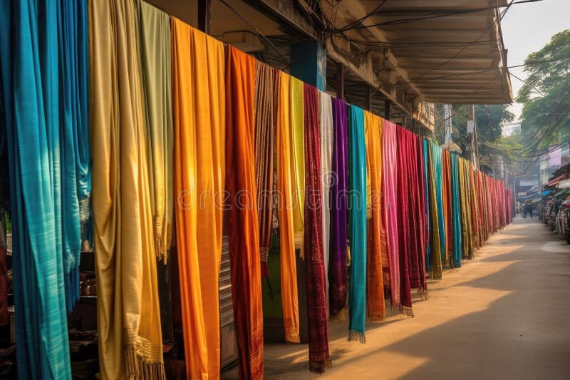 Silk Sarees Hanging in a Row at a Market Stock Illustration ...