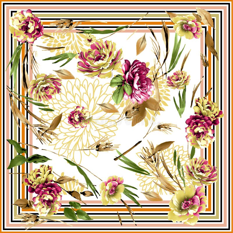 Silk Scarf Design. Pattern with Watercolor Flowers Floral Fabric Stock ...
