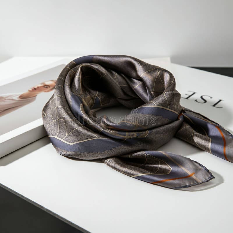 Silk Scarf with an Intricate Geometric Pattern Featuring Gold Lines on ...