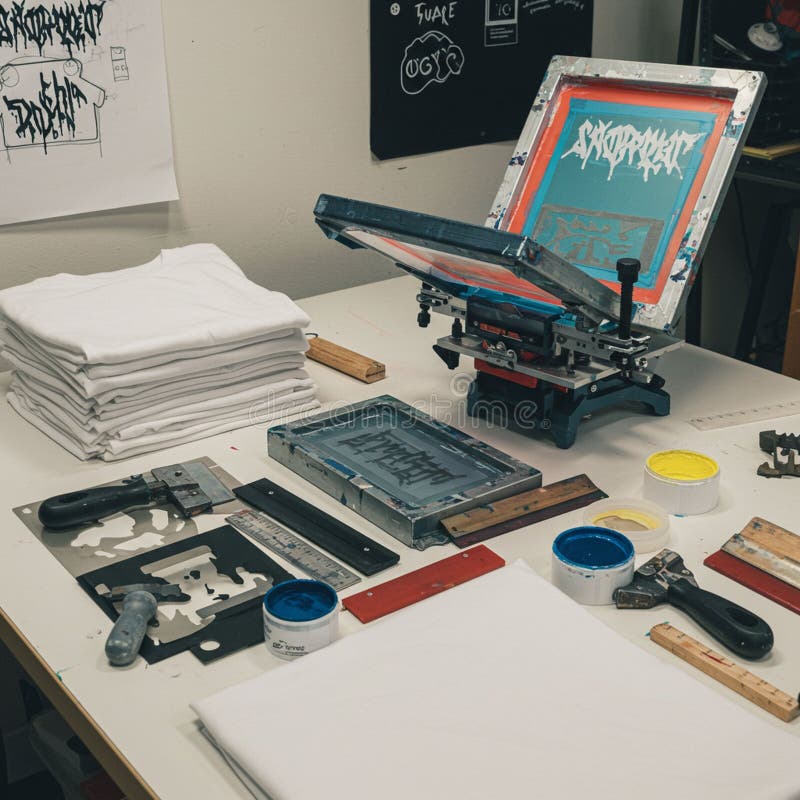 Silk Screen Printing Setup with a Stack of White T-shirts on a Table. a ...