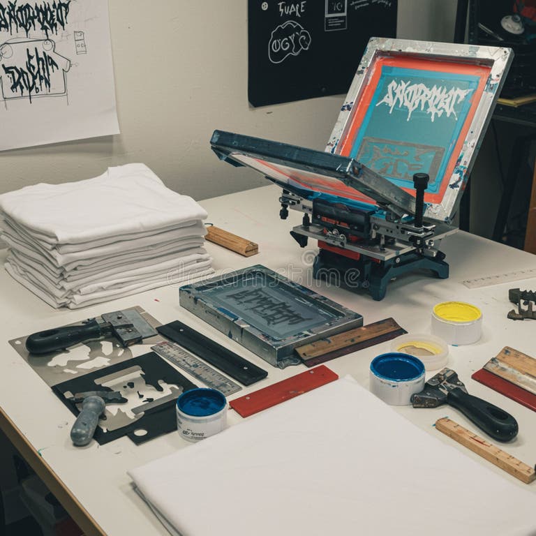 Silk Screen Printing Setup with a Stack of White T-shirts on a Table. a ...