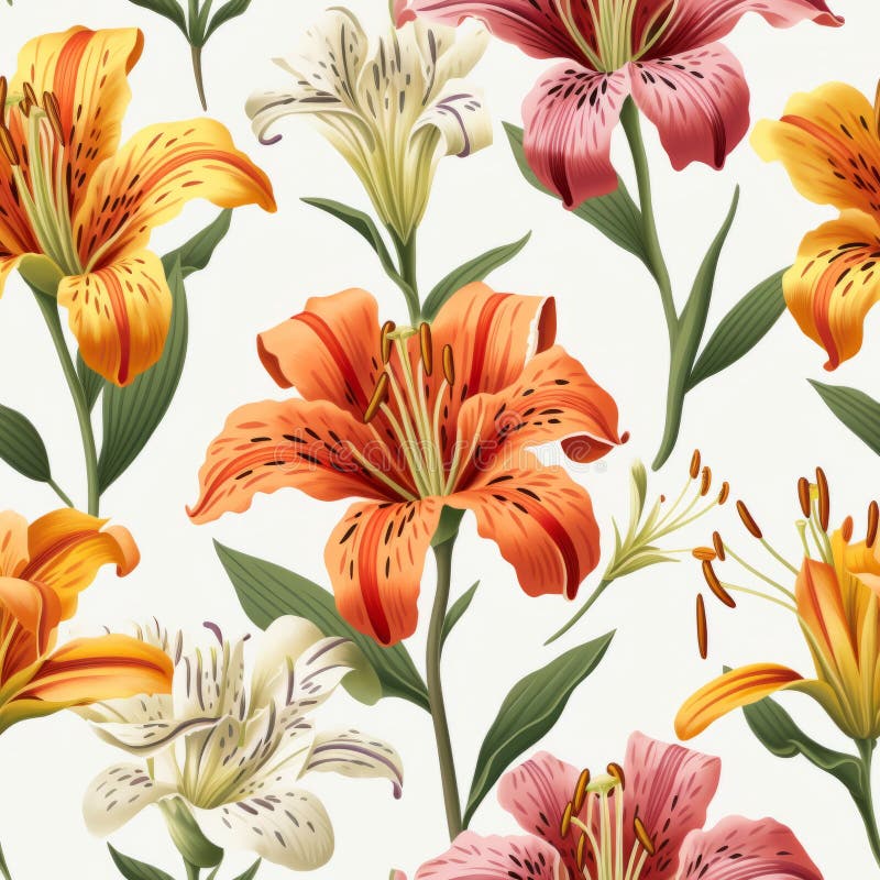 Colorful Lily Seamless Pattern on White Background Stock Illustration ...