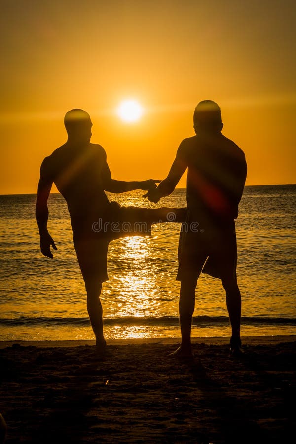 Sillhouettes of Two Men in the Beach during Sunset Stock Image - Image ...