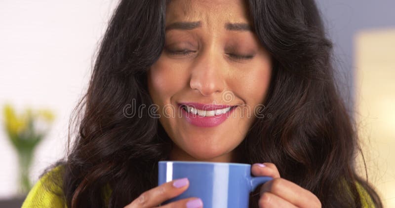 Silly Mexican Woman Smiling and Holding Mug Stock Footage - Video of ...