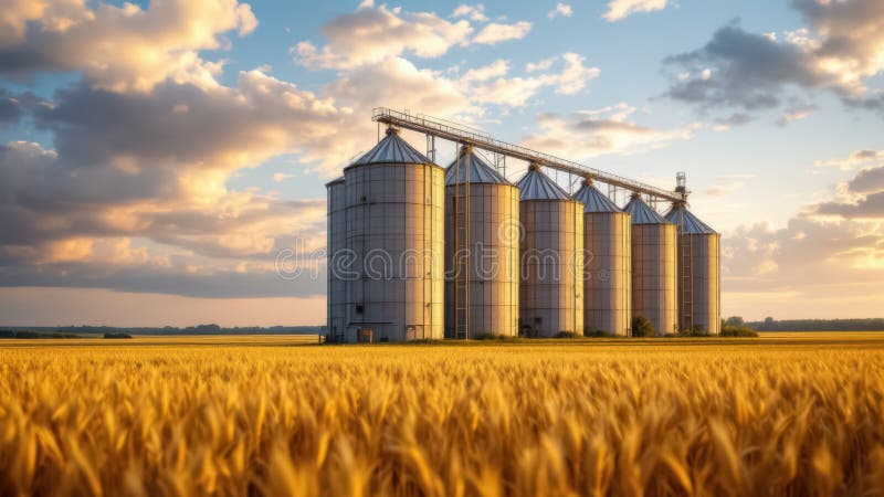 Silos in a Barley Field. Storage of Agricultural Production Stock ...