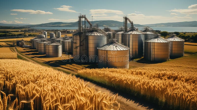 Silos in a Barley Field. Storage of Agricultural Production Stock ...