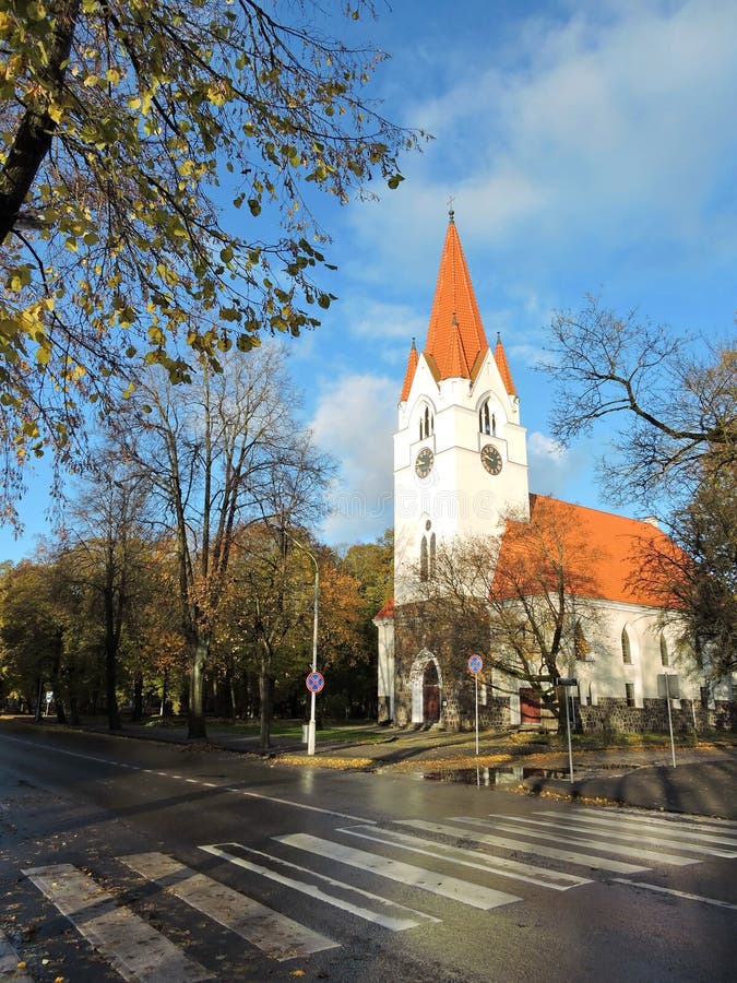Silute Town Church, Lithuania Stock Photo - Image of clock, autumn ...