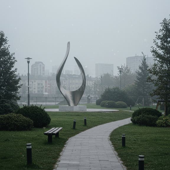 Silver Abstract Sculpture with Curved, Leaf-like Forms on a Rectangular ...