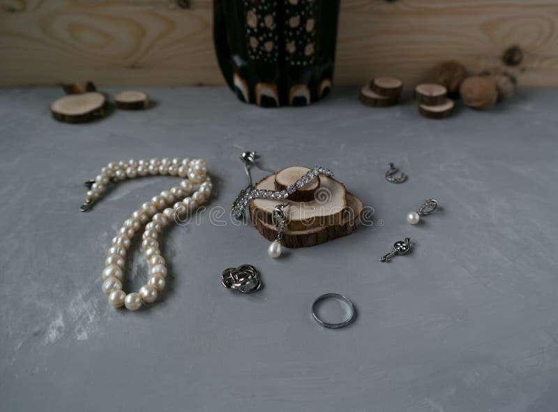 Silver Accessories with White Pearl Thread Stock Photo - Image of ...