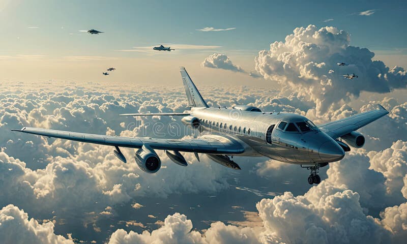 A Silver Airplane Flying through the Clouds with a Few Other Planes in ...