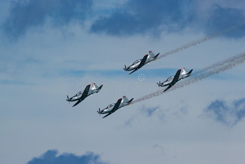 Silver Airplanes Flying Over the Blue Sky during the Bray Air Display ...