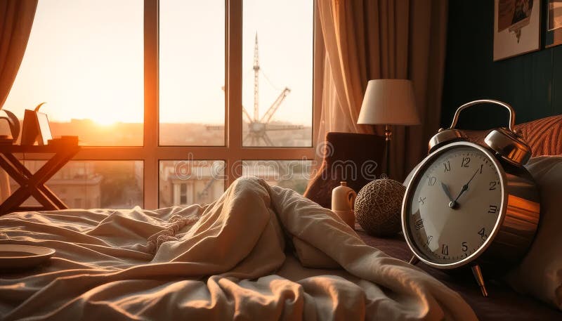 Silver Alarm Clock on a Bed with a White Blanket Stock Image - Image of ...