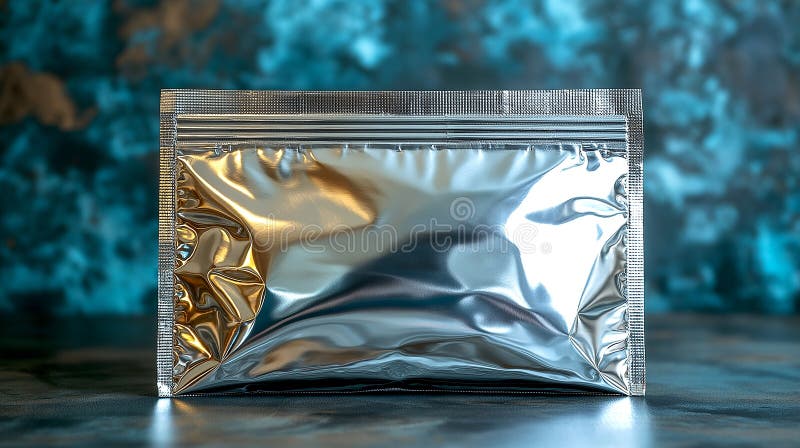 Silver Aluminum Bag Mockup Packaging on Blue Textured Background AI ...