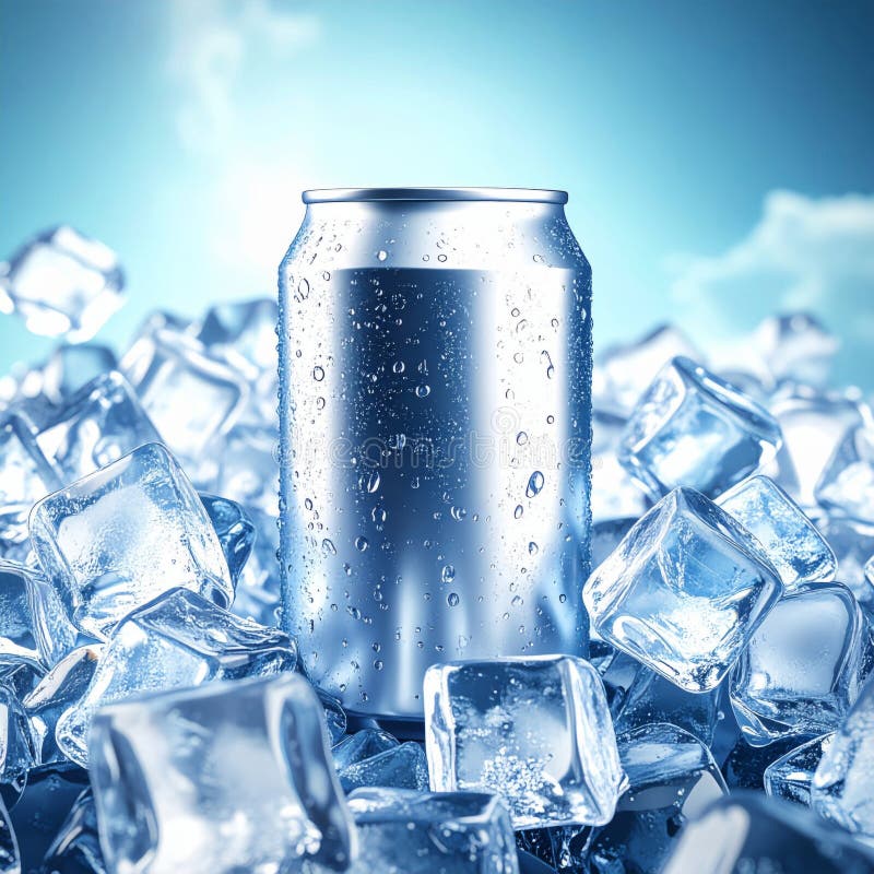 Silver Aluminum Can in Ice Cubes on Blue Background Stock Illustration ...