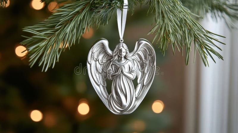 Silver Angel Christmas Ornament Hanging on a Pine Branch Stock ...