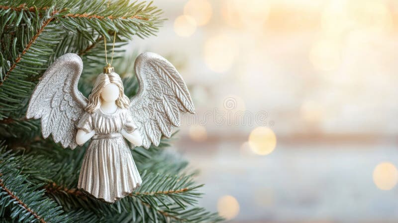 Silver Angel Christmas Ornament Hanging on a Christmas Tree Branch ...