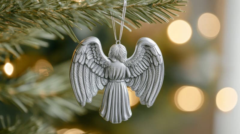 Silver Angel Ornament Hanging on a Christmas Tree Branch Stock ...