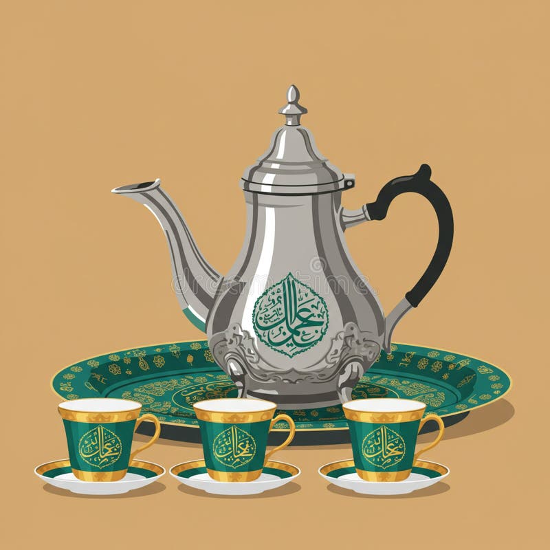 Silver Arabic-style Teapot with Ornate Spout and Black Handle is Placed ...