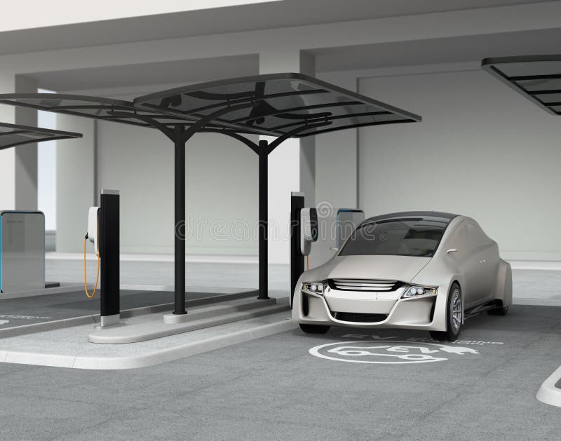 Silver Autonomous Car in Electric Vehicle Charging Station Stock ...