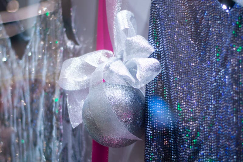 Silver Ball with Bow in the Interior Stock Photo - Image of seasonal ...