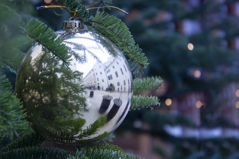 Silver Ball on a Christmas Tree on a Square in a City in Europe Stock ...