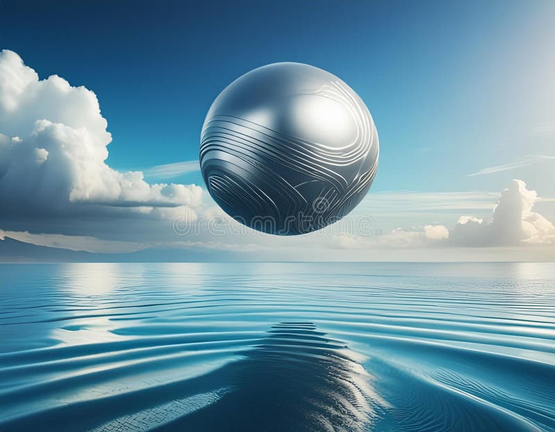 A Silver Ball Floating in the Air Over an Ocean Stock Illustration ...