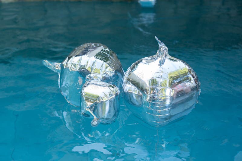 Silver Balloons Float in Pools As Birthday Party Decorations Stock ...