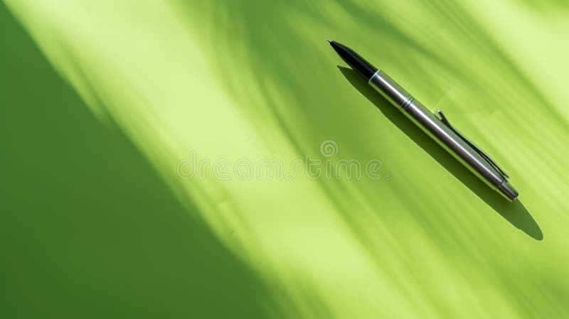 Silver Ballpoint Pen Casting Long Shadows on Green Surface Stock Image ...