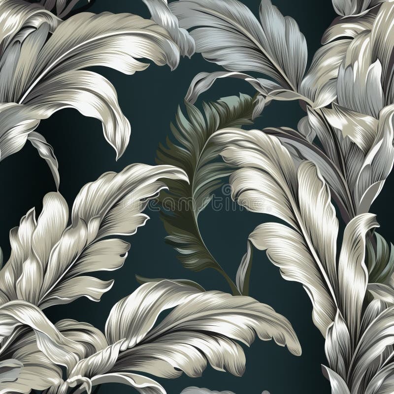 Silver Banana Leaf Damask Fabric with Tropical Baroque Design Stock ...