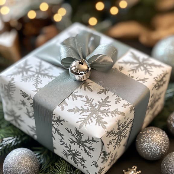Silver Beautifully Wrapped Christmas Gift with a Snowflake Pattern ...