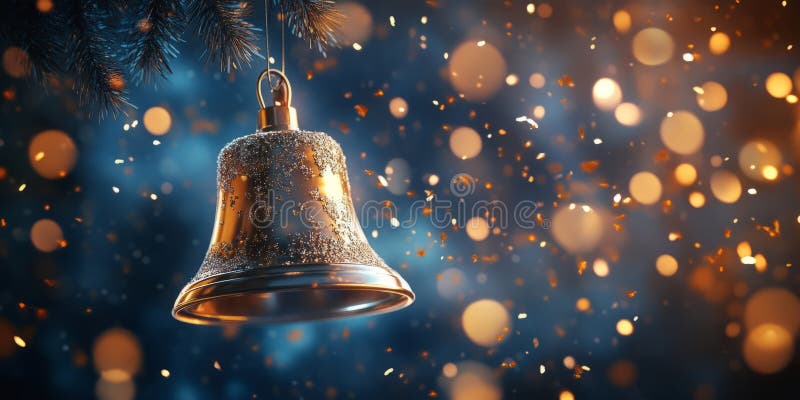 Silver Bell Hanging from a Tree Branch with Snowflakes Falling Around ...