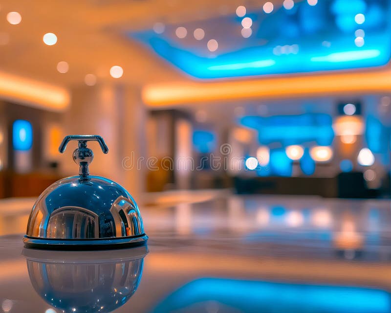 A Silver Bell Sitting on Top of a Table in a Hotel Lobby Stock Photo ...