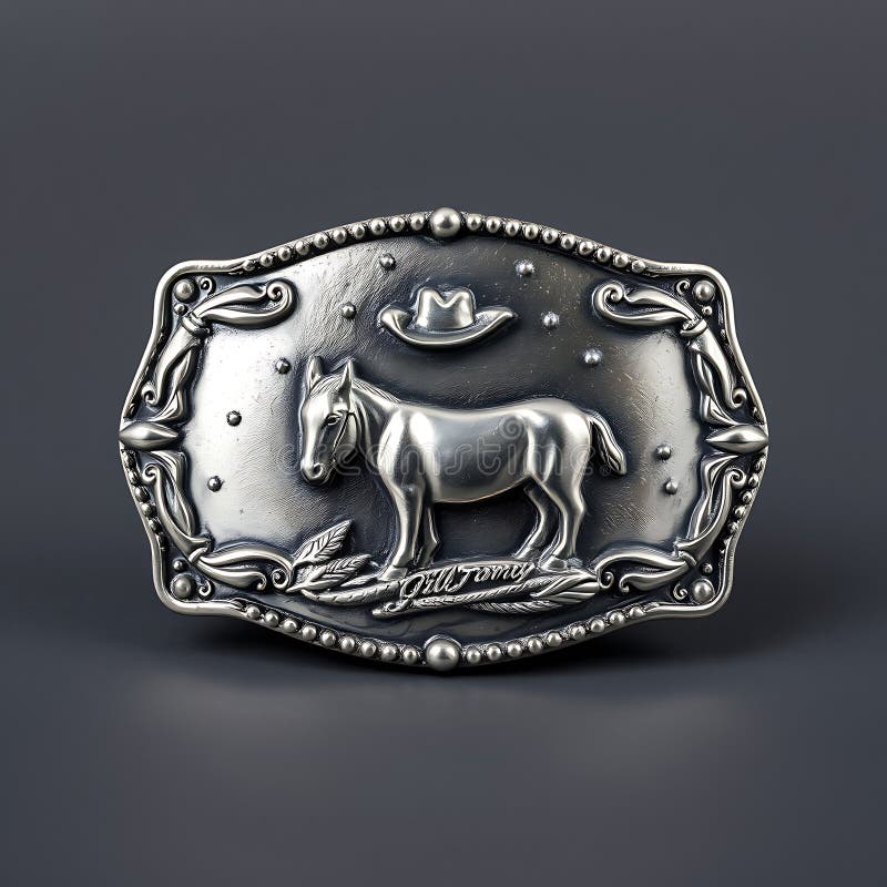 A Silver Belt Buckle with a Cowboy Themed Design Stock Illustration ...