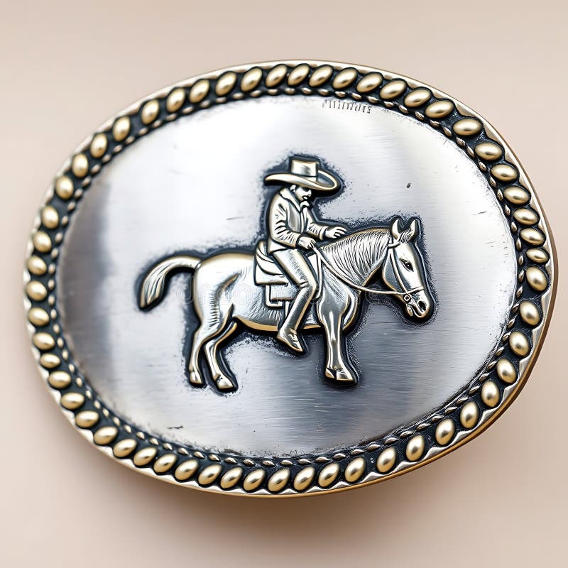 A Silver Belt Buckle with a Cowboy Themed Design Stock Illustration ...