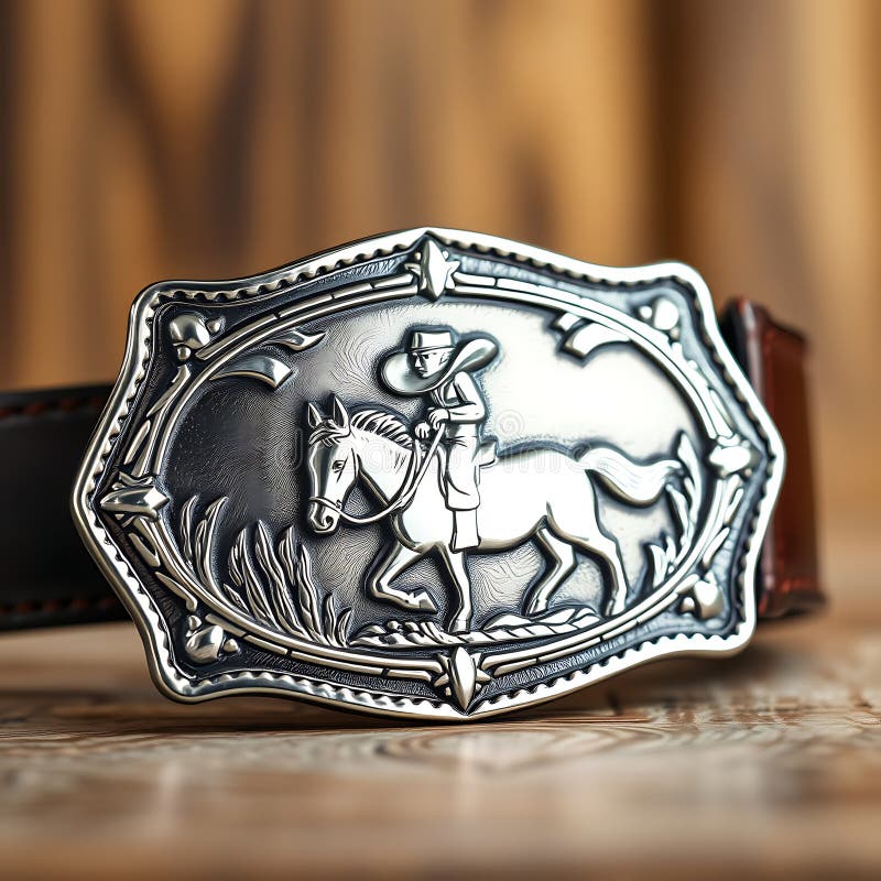 A Silver Belt Buckle with a Cowboy Themed Design Stock Illustration ...