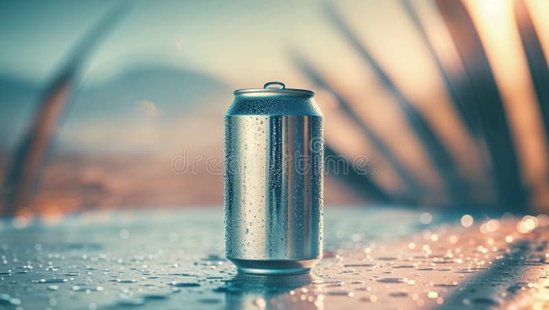 A Silver Beverage Can Sits in Sunlight with Some Condensation Stock ...