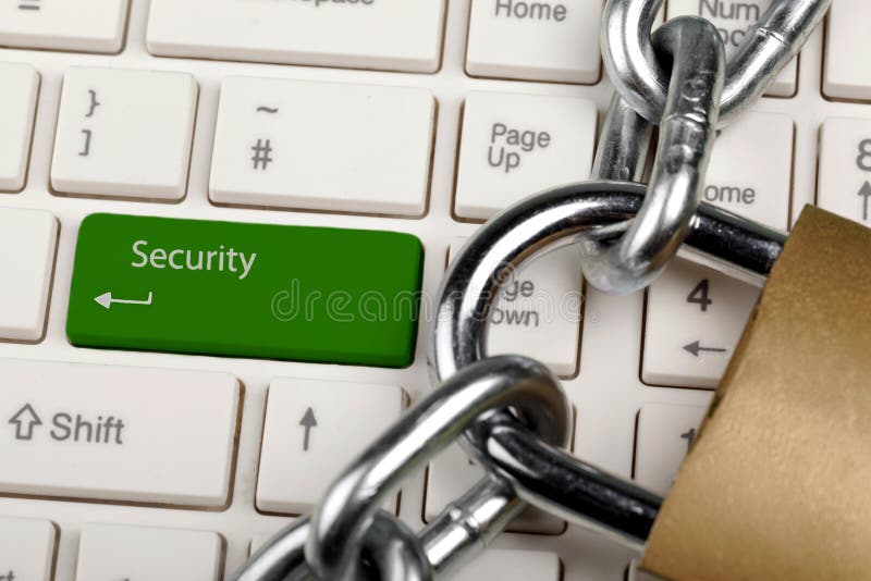 Silver Laptop with Big Lock and Icons on Table Stock Photo - Image of ...