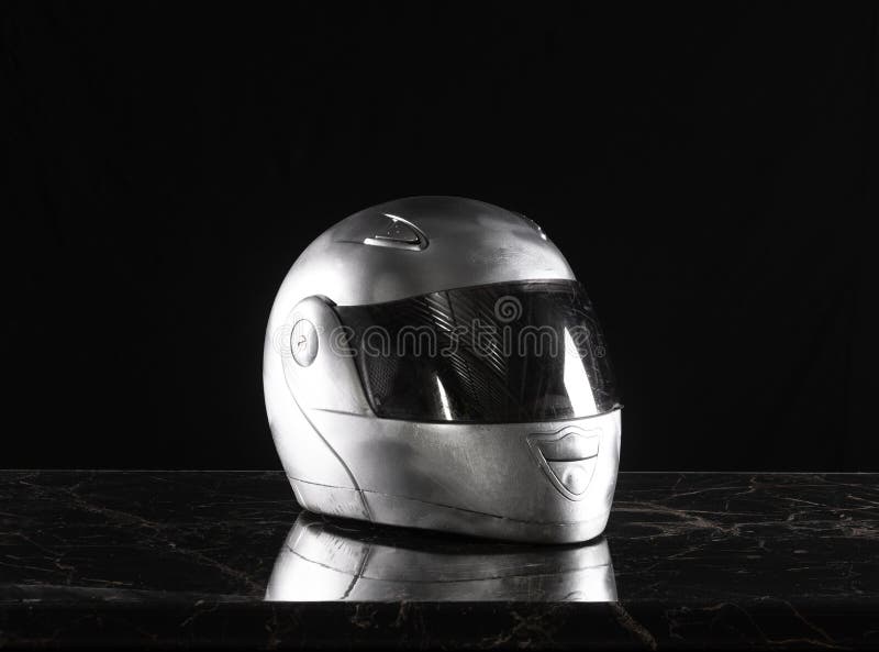 Silver Biker Helmet on Black Stock Image - Image of style, protective ...