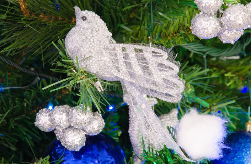 Silver Bird Decoration on Christmas Tree. Stock Photo - Image of ...
