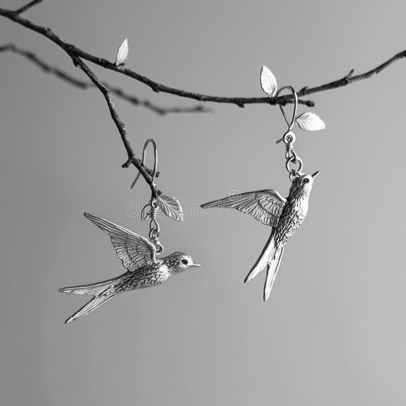 Silver Bird Earrings Hanging Elegantly from Tree Branch in Monochrome ...