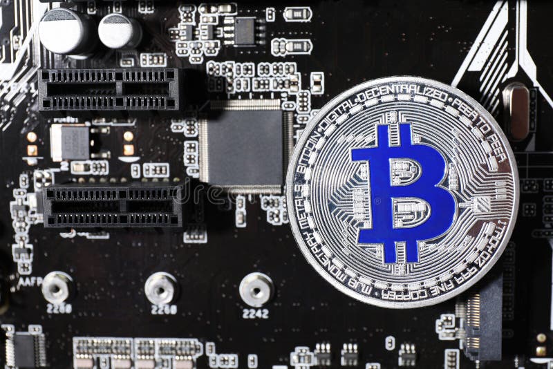 Silver Bitcoin on Computer Circuit Board, Top View Stock Photo - Image ...