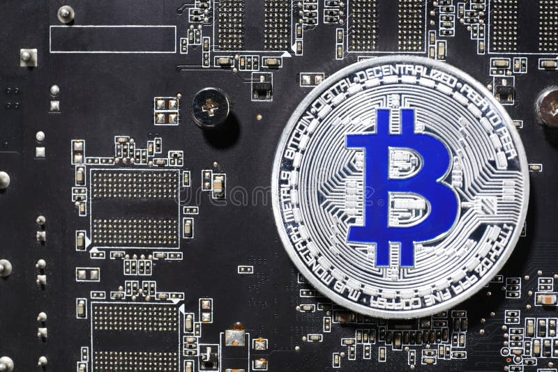 Silver Bitcoin on Computer Circuit Board, Top View Stock Photo - Image ...